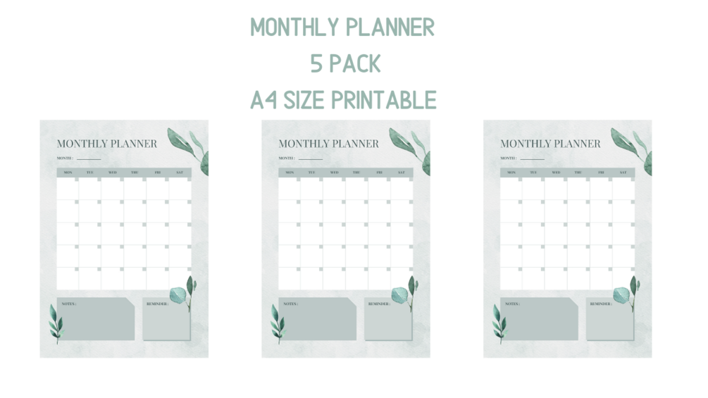 Monthly Planner 5 PACK - Printable A4 size