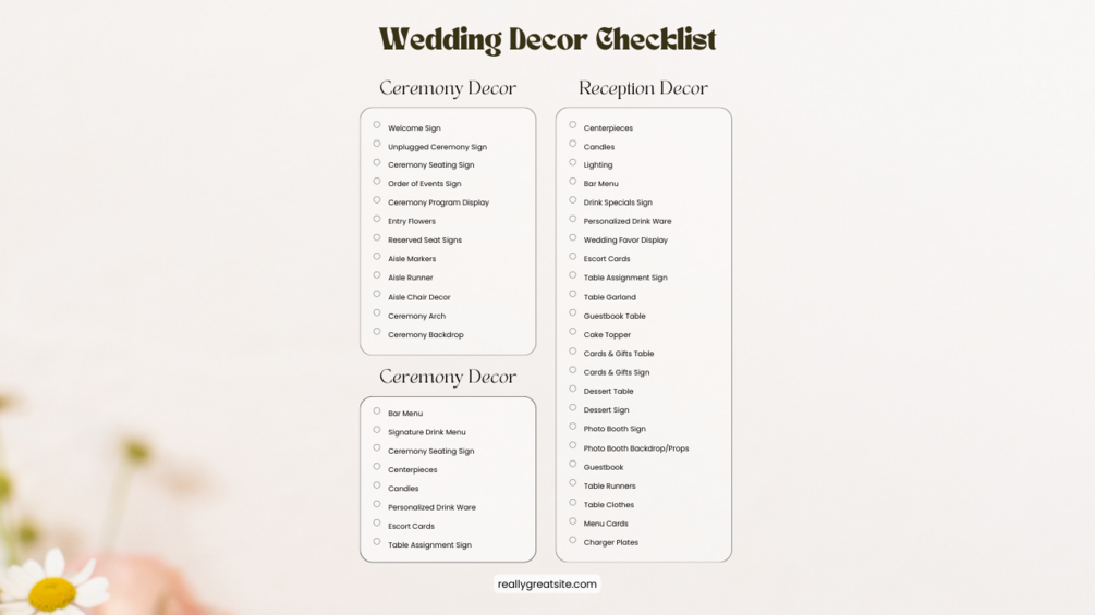 wedding decor checklist