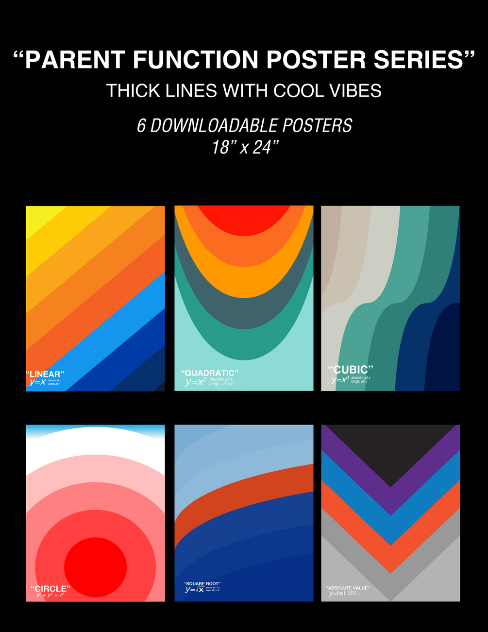 Parent Functions Poster Set - Math Classroom Poster - "Thick Lines"