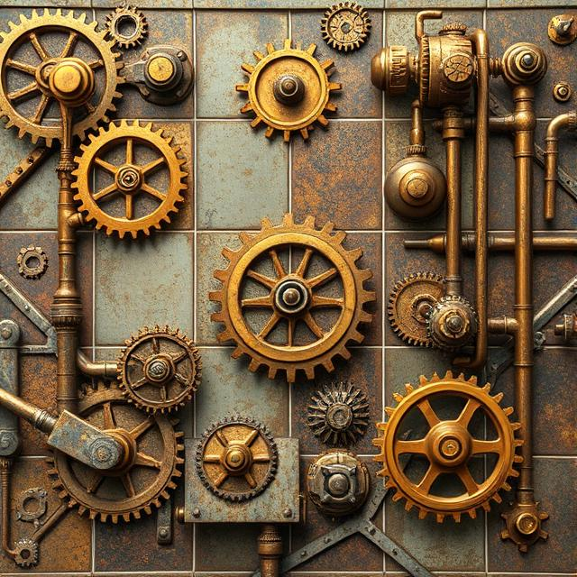 Steampunk Gearwork" – A mechanical tile pattern with intricate brass ...