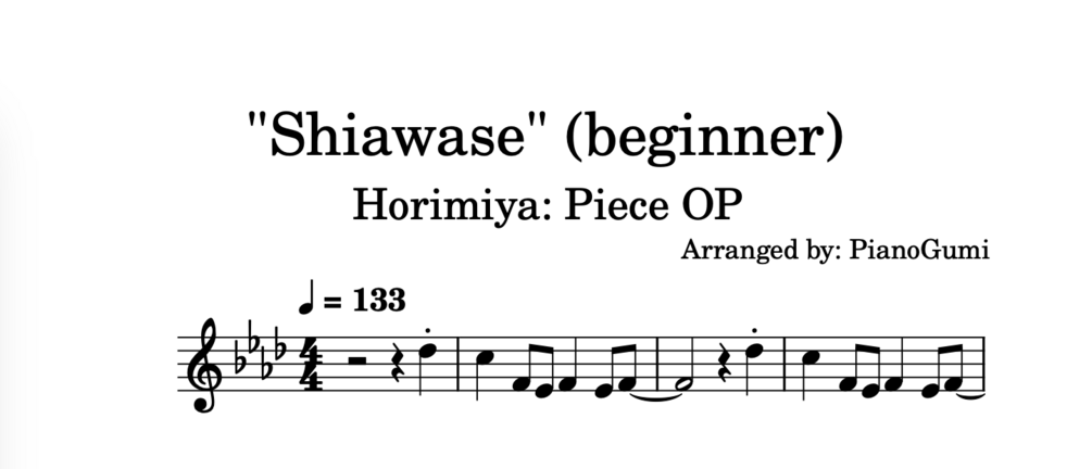 Horimiya Piece OP - "Shiawase" - BEGINNER Piano Sheet Music