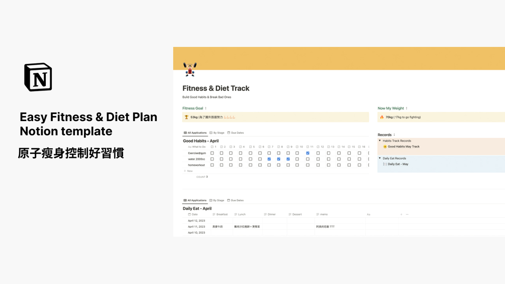 Easy Fitness & Diet Plan Notion template | 原子瘦身控制好習慣 notion 模板