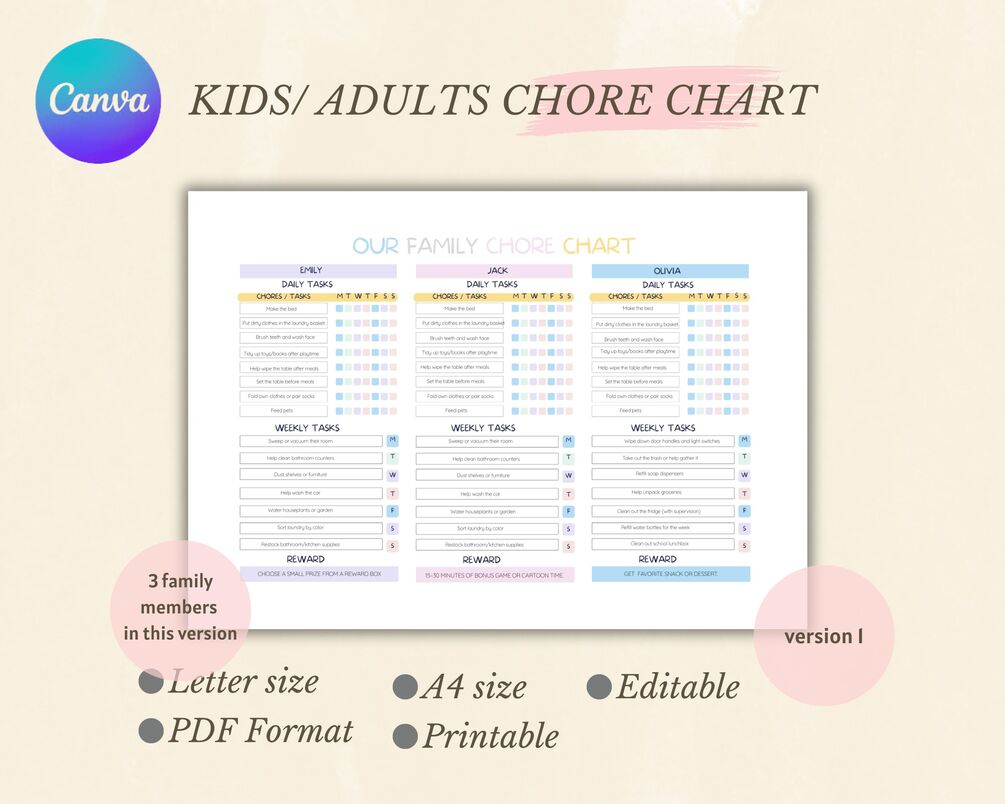 Family Chore Chart Printable - Weekly Household Task Planner for Kids ...