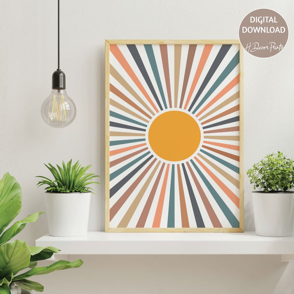 Retro Sunburst Print, Printable Wall Art, Abstract Sun Poster, Colorful ...