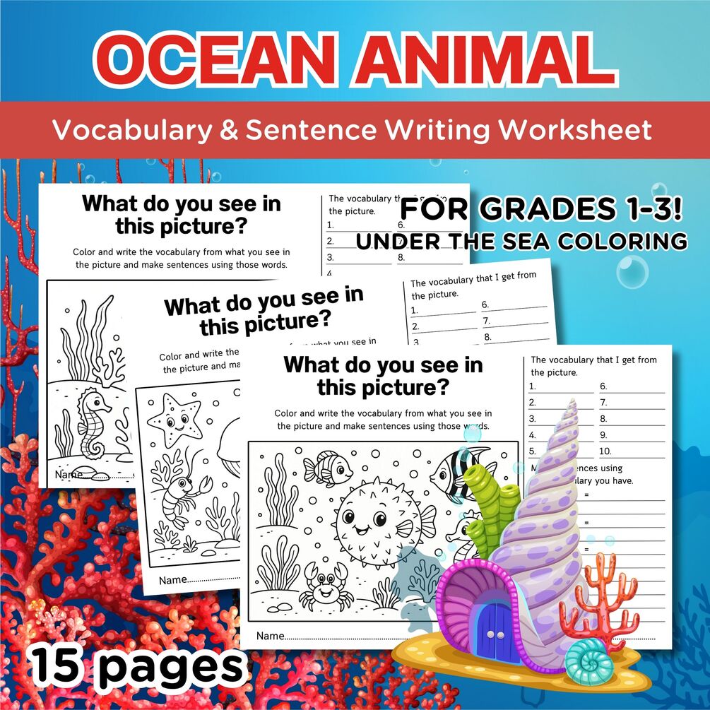 Ocean Animal Under the Sea Coloring & Vocabulary Worksheet | Sentence ...
