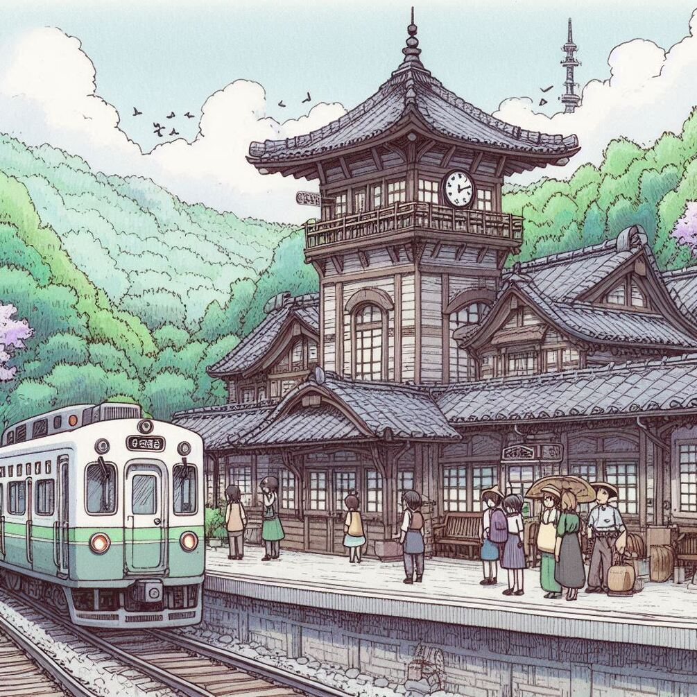 Japanese train station ghibli style cartoon