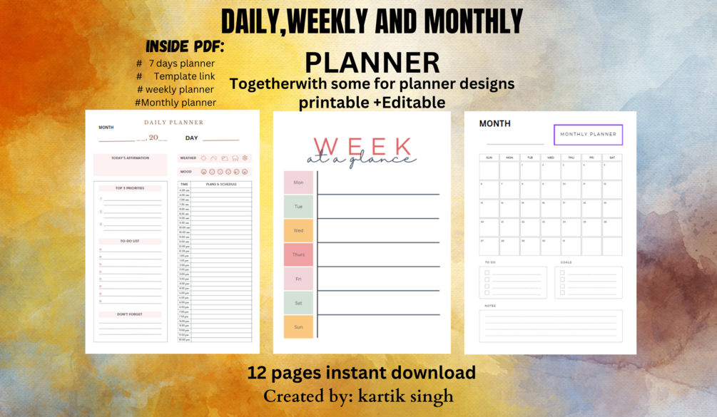 Daily Planner, Weekly Planner, Monthly Planner, Printable planner ...