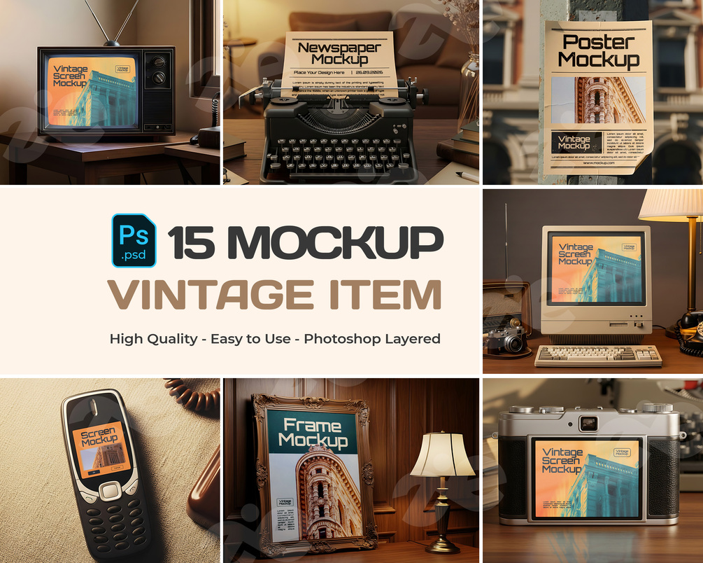 Vintage Item Mockup Bundle – 15 PSD Templates for Retro Branding ...