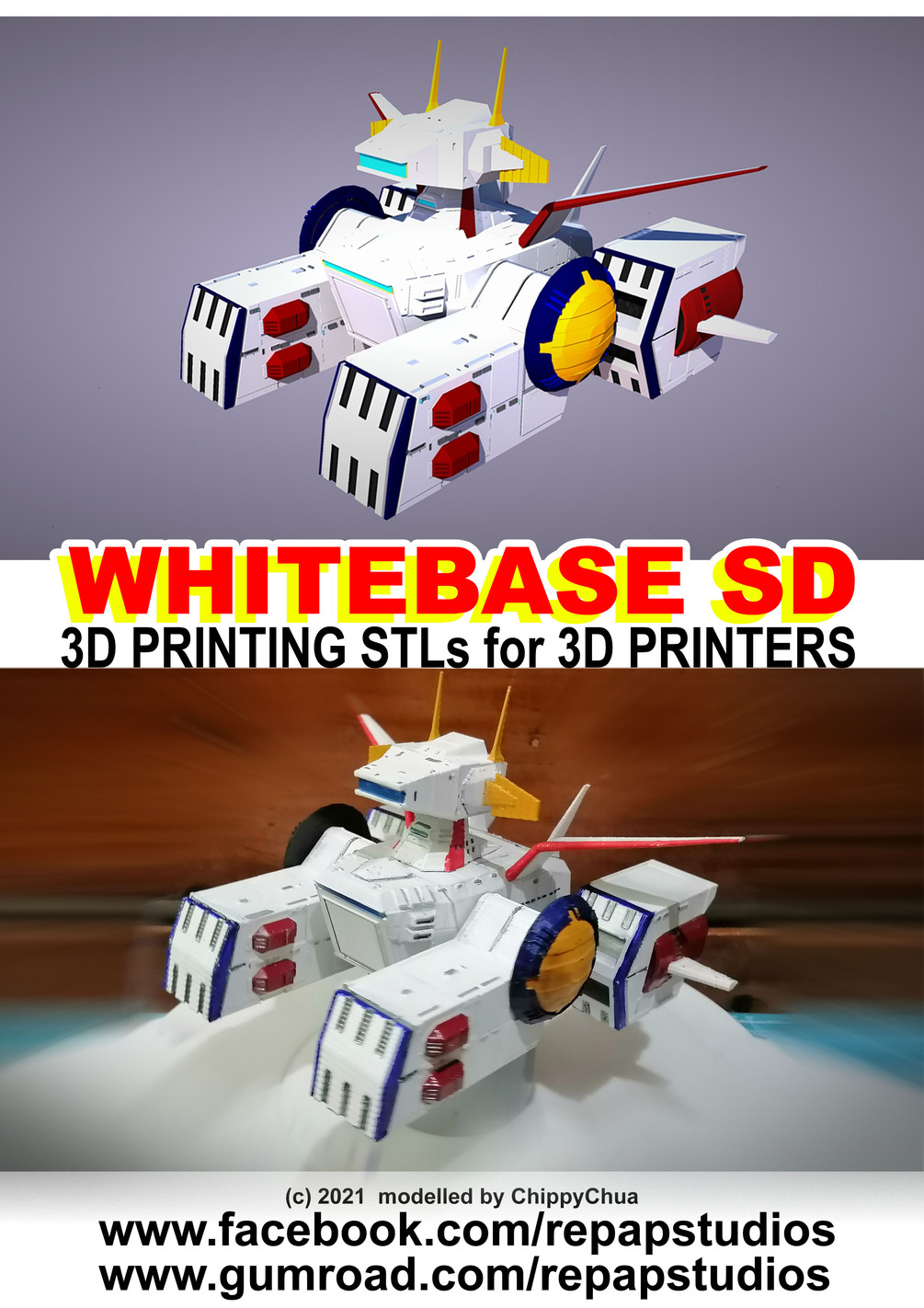 3d Printable STLs - Super Deformed Pegasus Whitebase SCV 70 Spaceship from Gundam