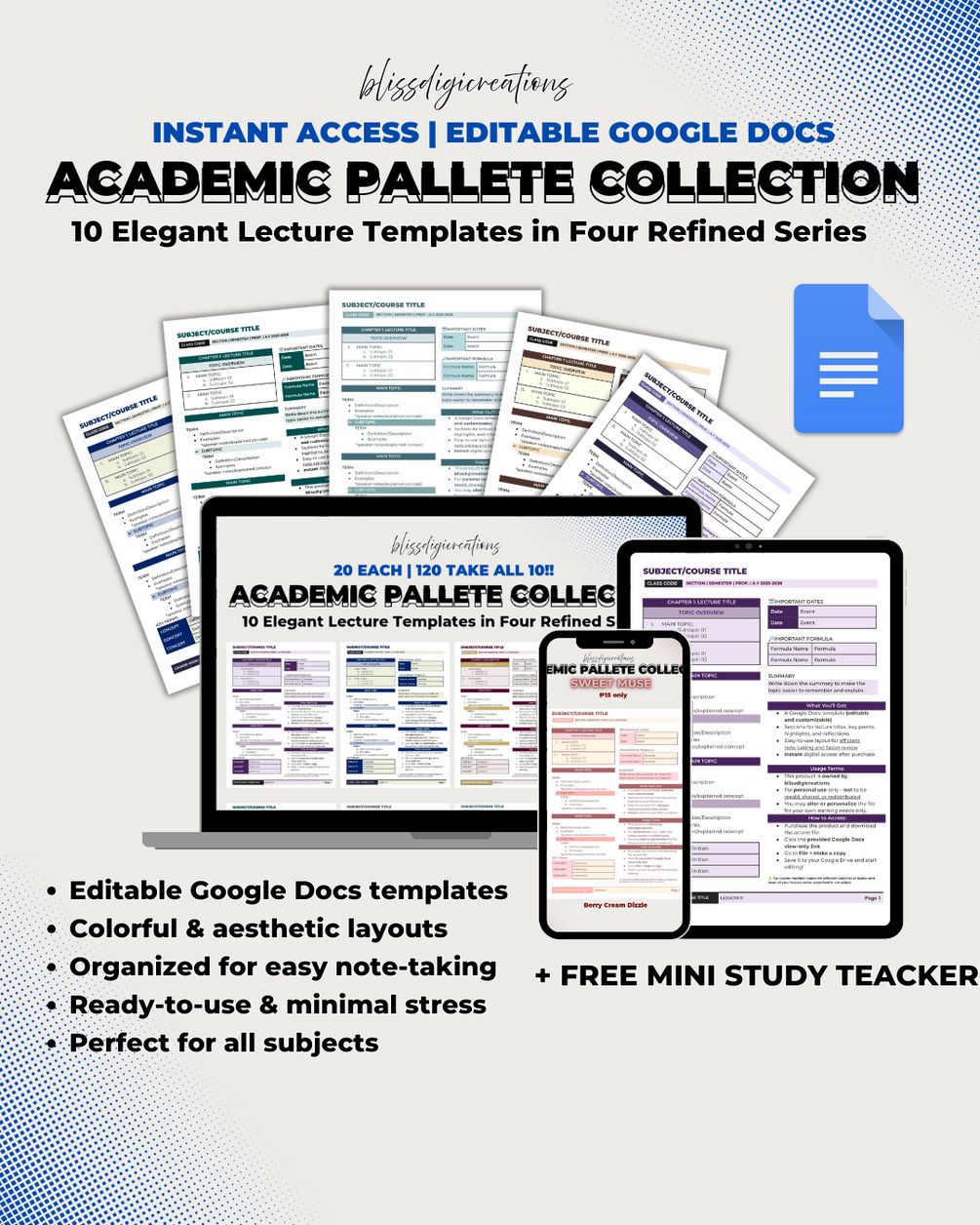 Academic Pallete Collection | Editable Google Docs Template for Note ...