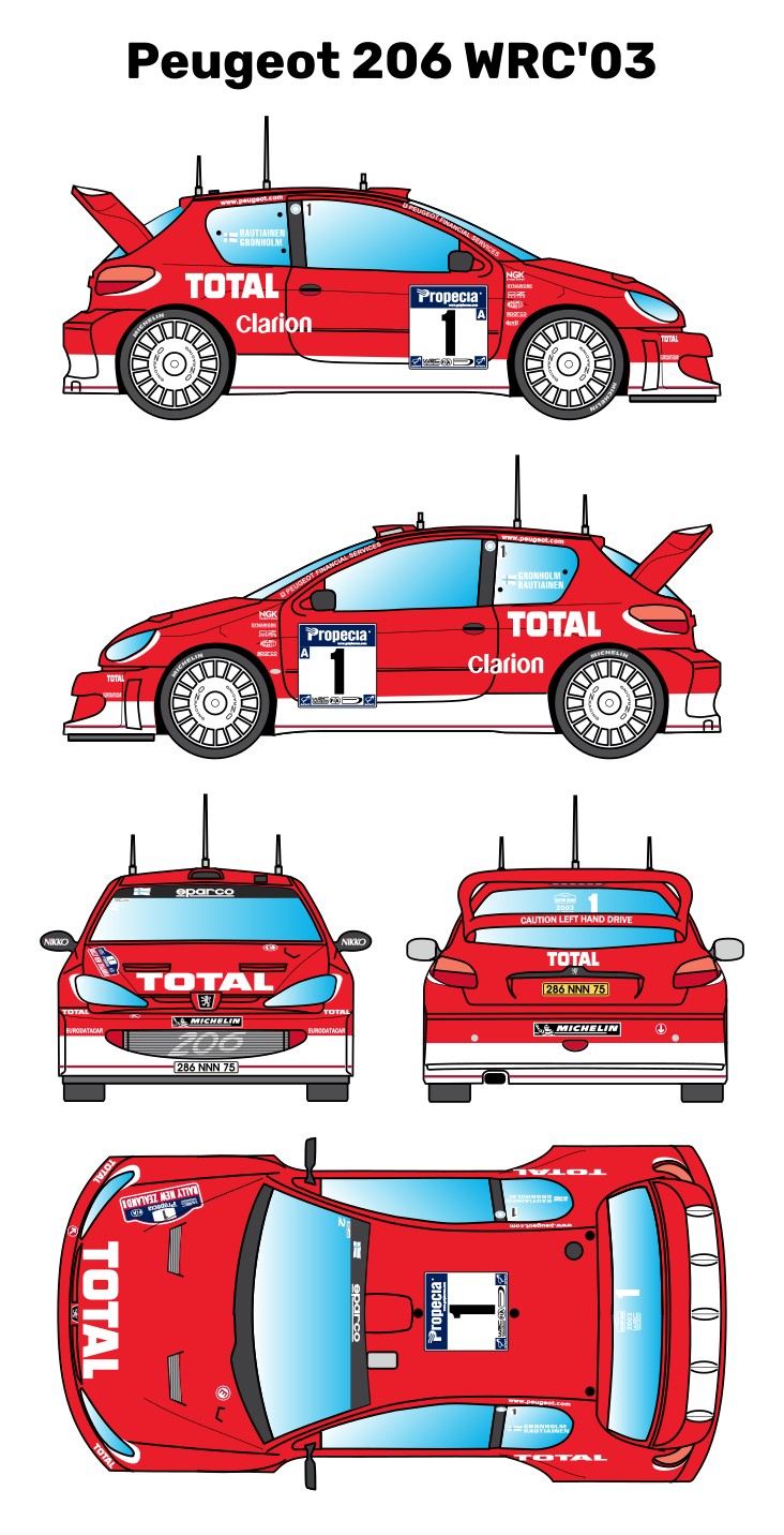 Peugeot 206 WRC'03 Car Blueprint PDF SVG Vector File.