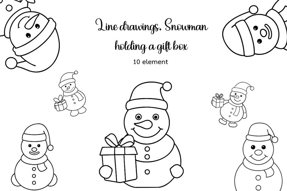 Snowman line drawing set holding a gift box, Line Drawing, PNG, SVG ...