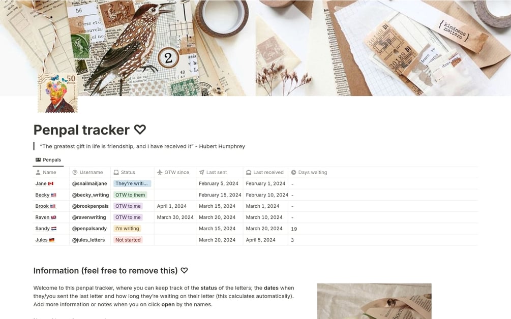 Notion - Penpal Tracker