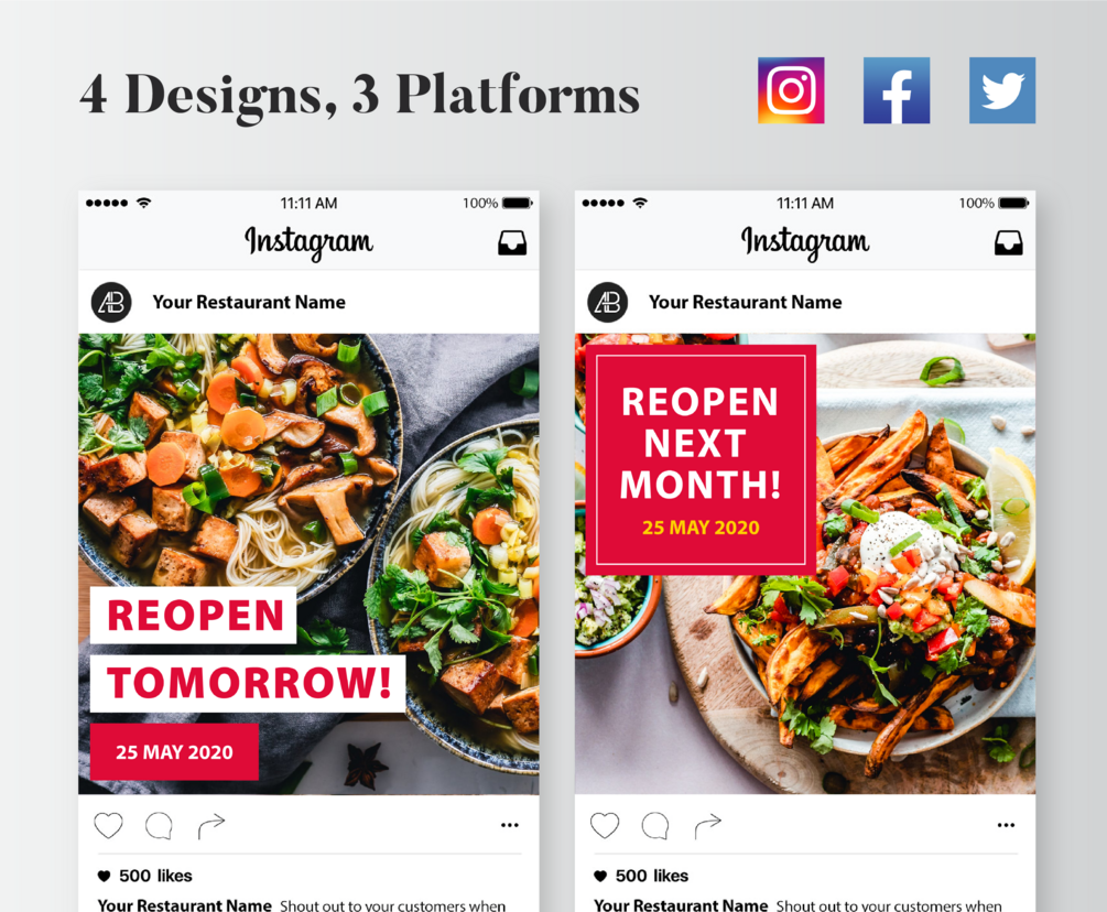 "Reopen Soon!" Social Media Posts (Restaurants, Cafes, Bakeries)