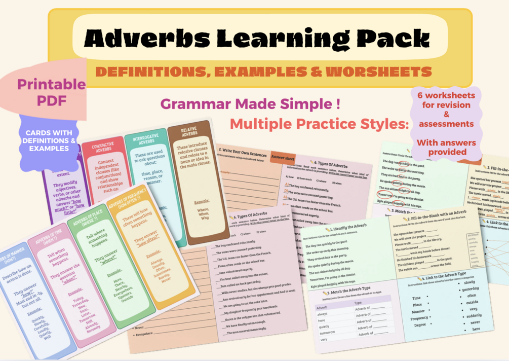 Adverbs Worksheets and Cards Parts of Speech Grammar Practice Printable ...
