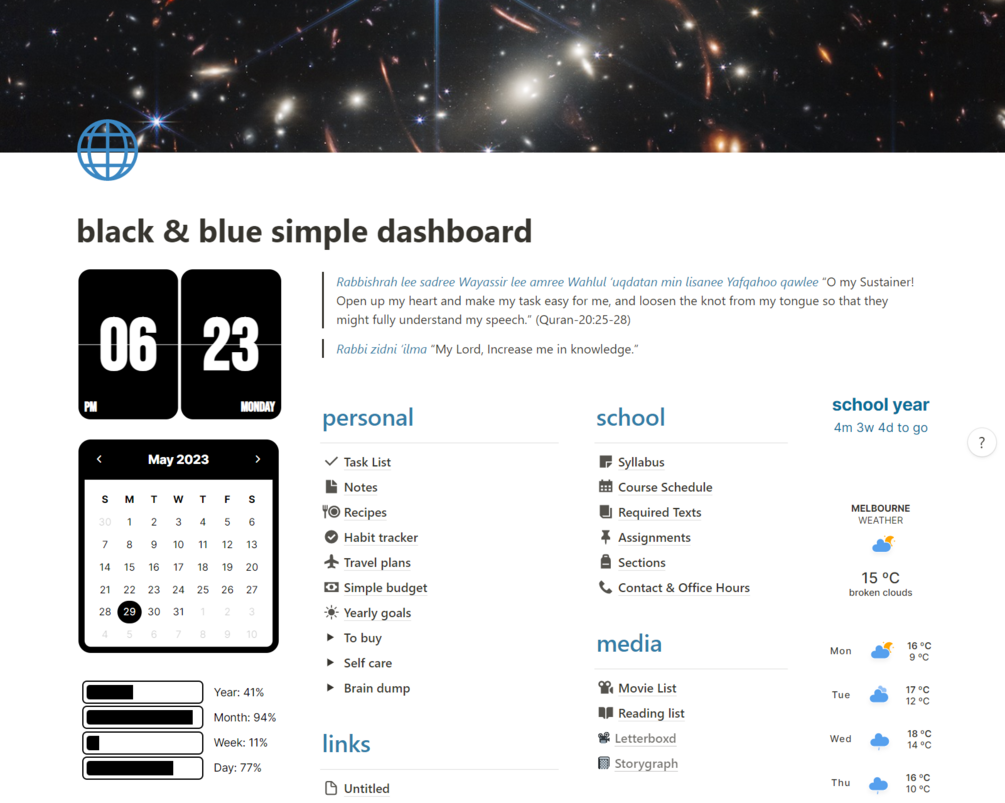 Simple Black & Blue Notion Dashboard