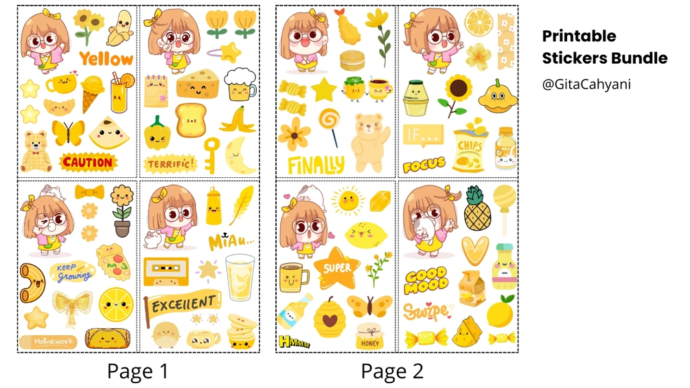 Sunny Yellow Collection Stickers | Printable Bundle 2 Pages