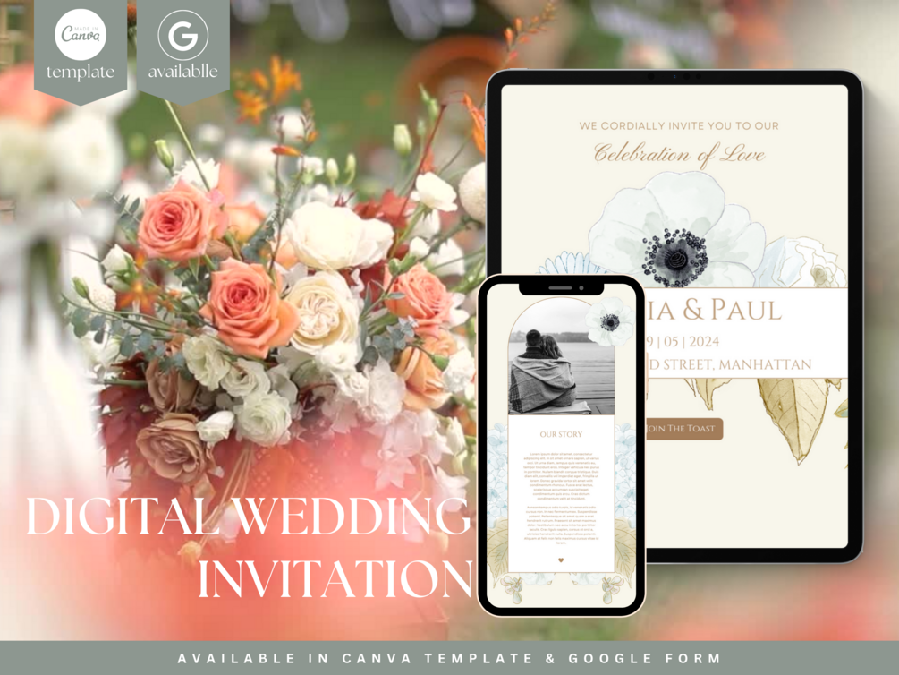 Digital Wedding Invitation in Yellow Floral Theme | Instant Download ...