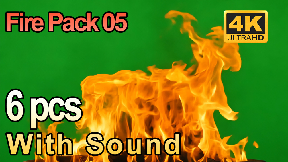Pack05 - 6 pcs Sounded Fire Effect Videos - Green Screen 4K