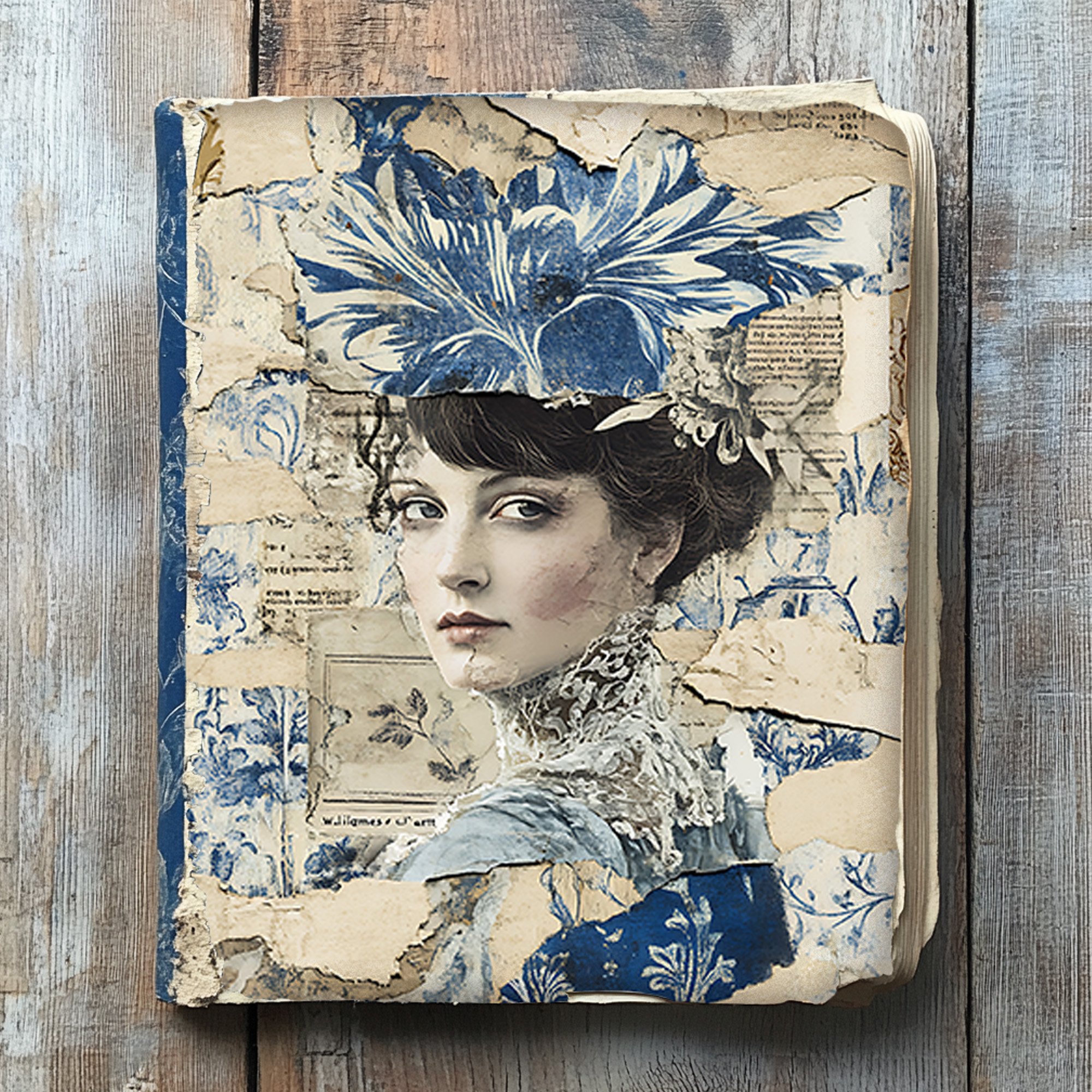 18 pc Portrait Blue on Cream Torn Ephemera Collage Printable Junk ...