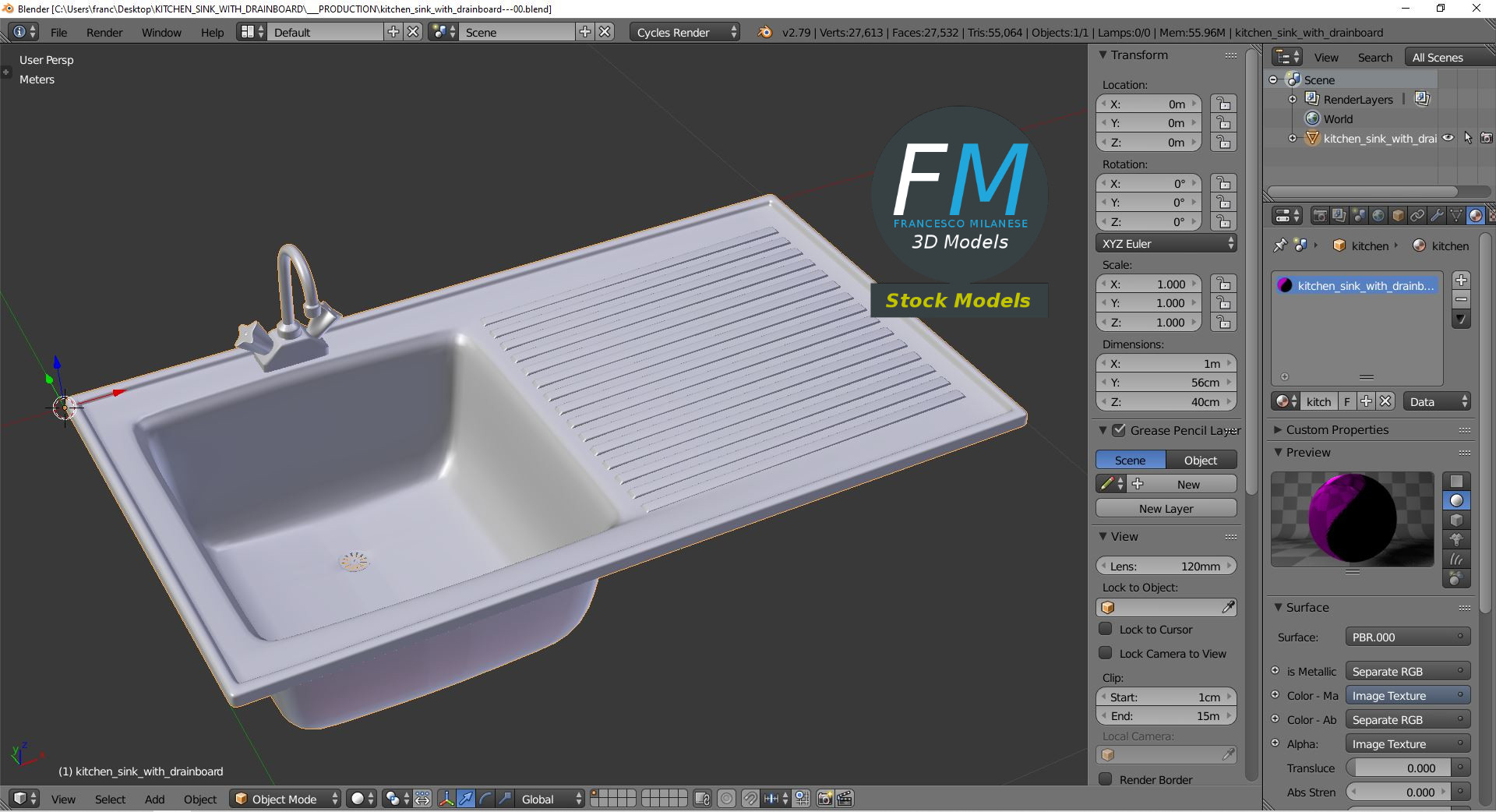 3D MODEL - Kitchen sink with drainboard