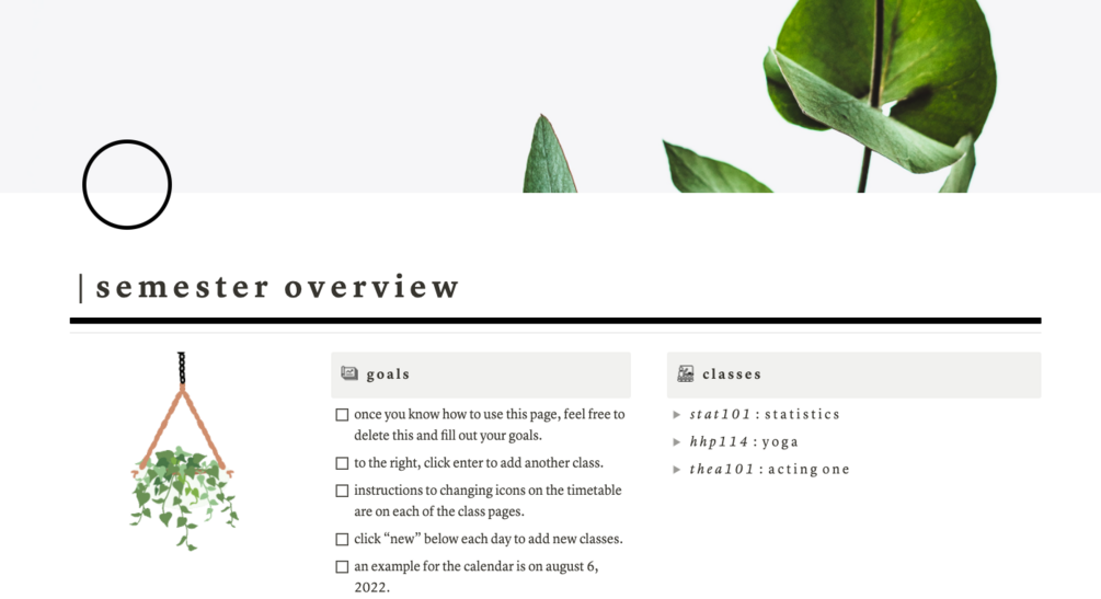 semester overview template - notion