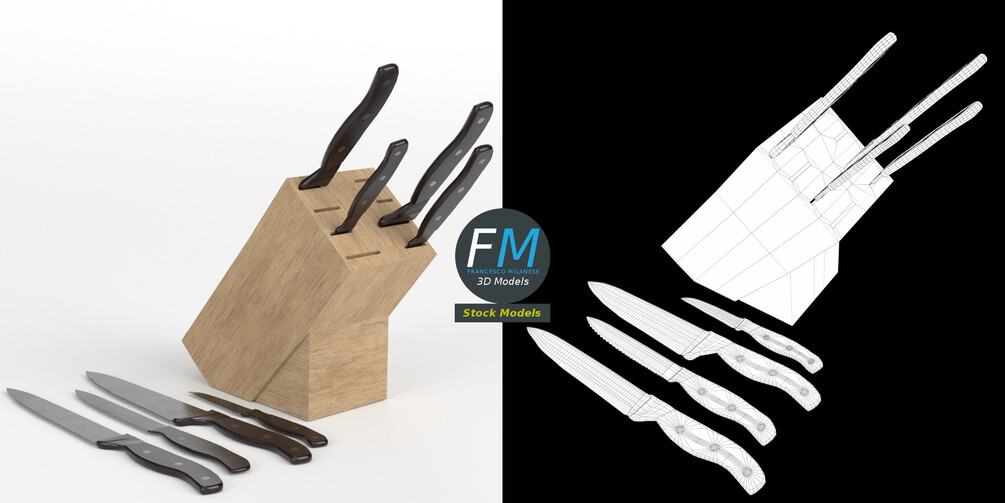 3D MODEL - Kitchen knives with wooden stand