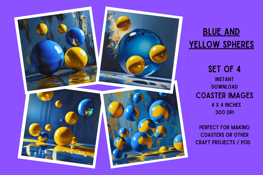 BLUE AND YELLOW SPHERES - Coaster Images - Set of 4 - Instant Download