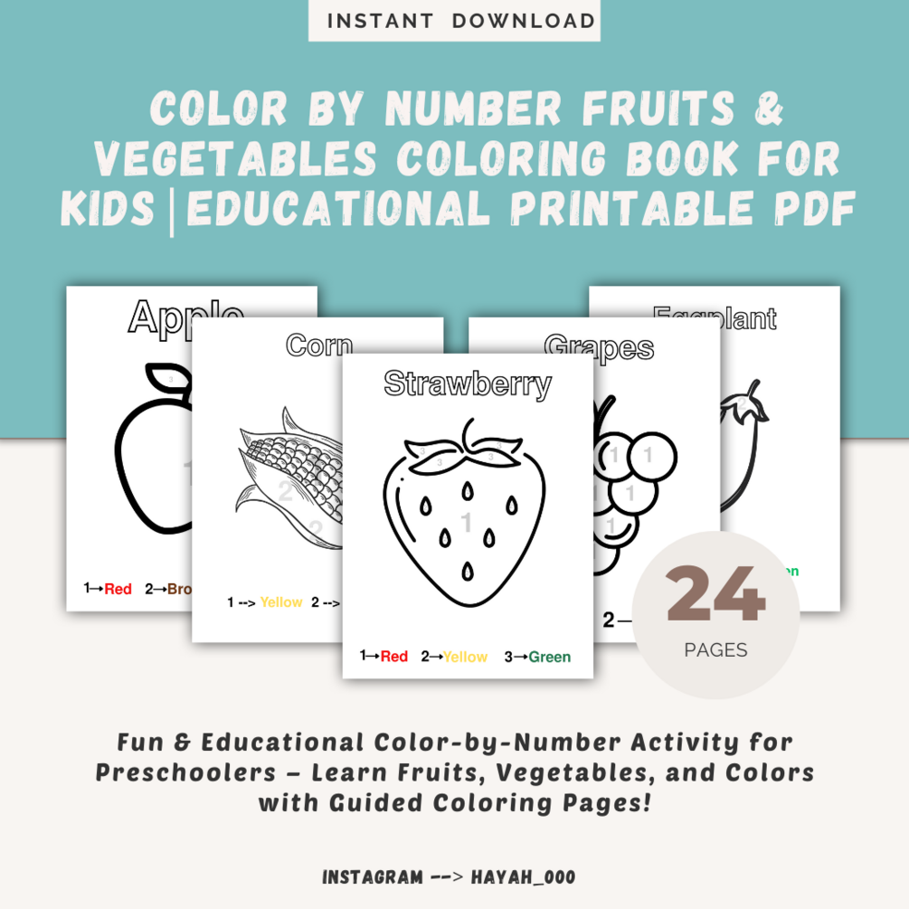 Color by Number Fruits and Vegetables Coloring Book for Kids and adults ...