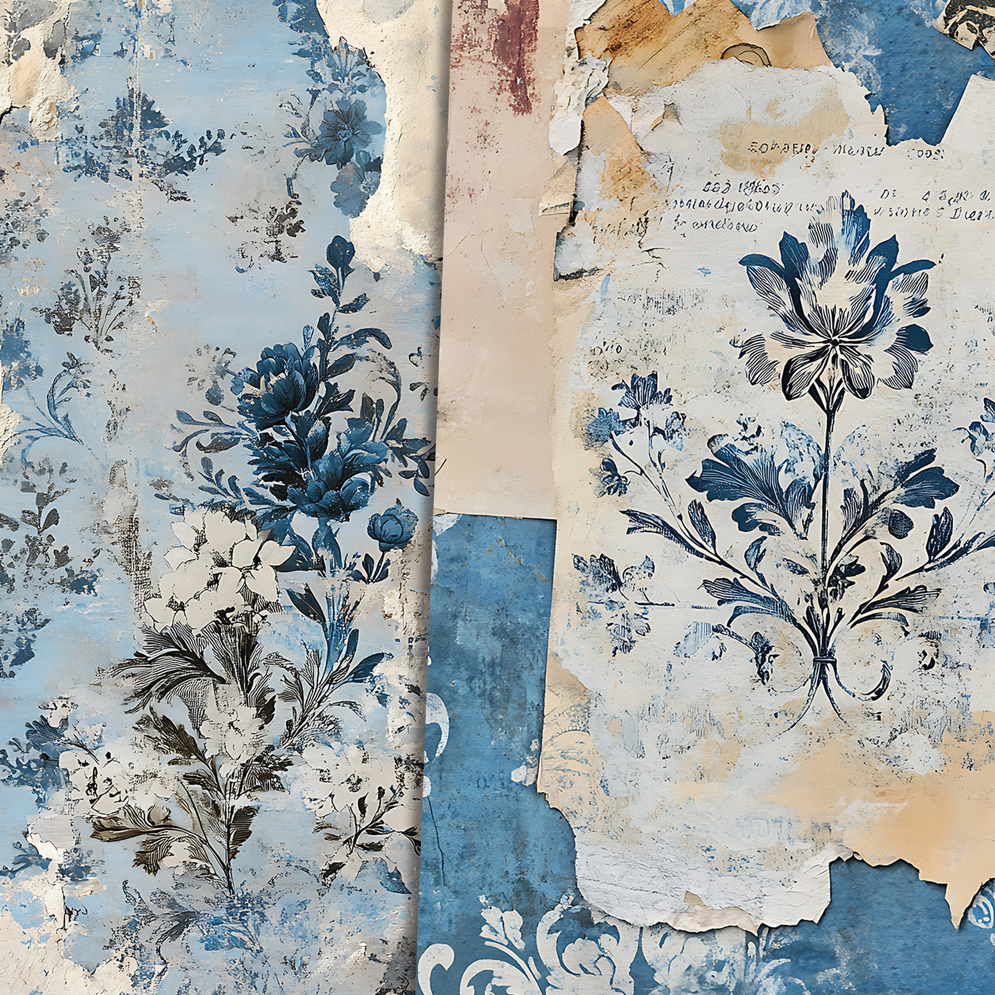 15 pc Floral Blue Heraldic Emblem Patterns Printable Junk Journal Half ...