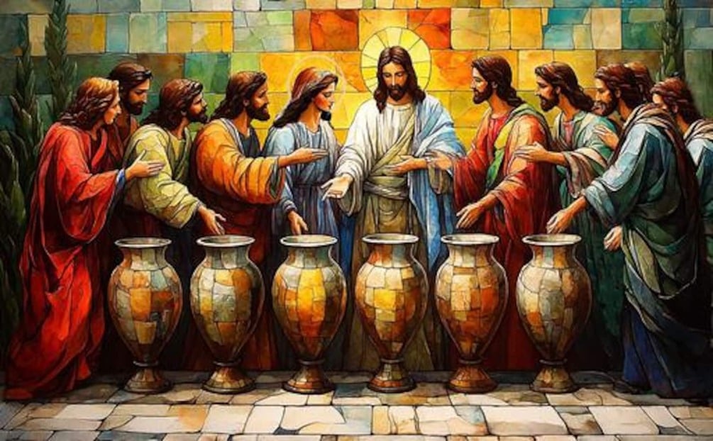 Jesus Turning Water Into Wine at the Wedding Feast in Cana, Galilee: An ...