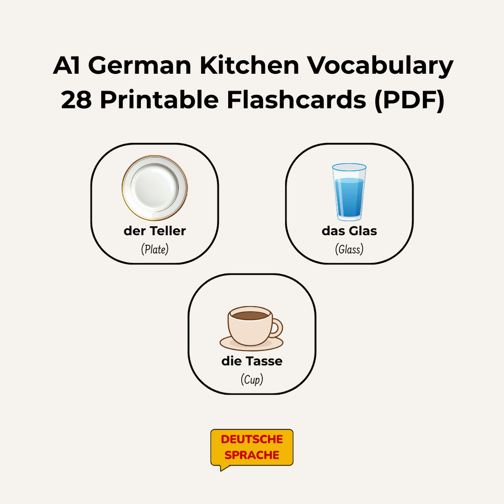A1 German Kitchen Vocabulary – 28 Printable Flashcards (PDF)
