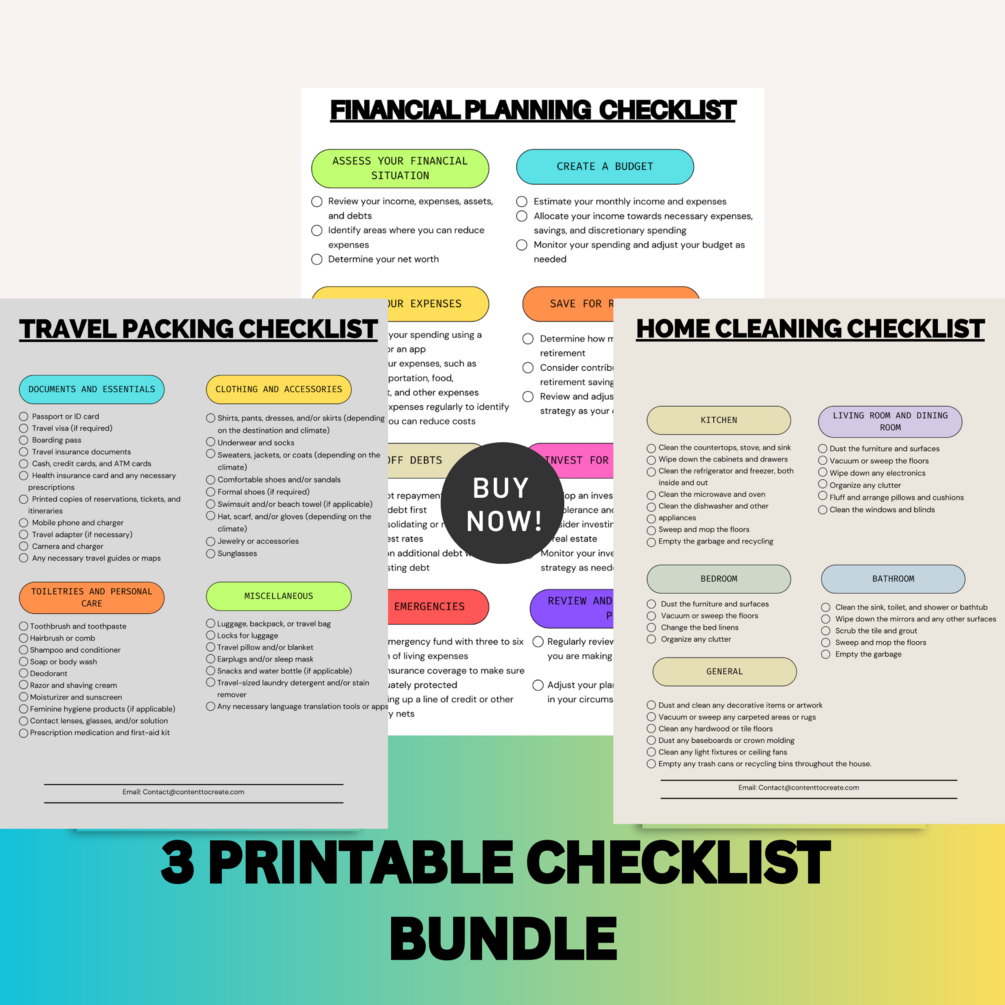 3 Printable Checklist Bundle, Financial Checklist , Home Cleaning ...