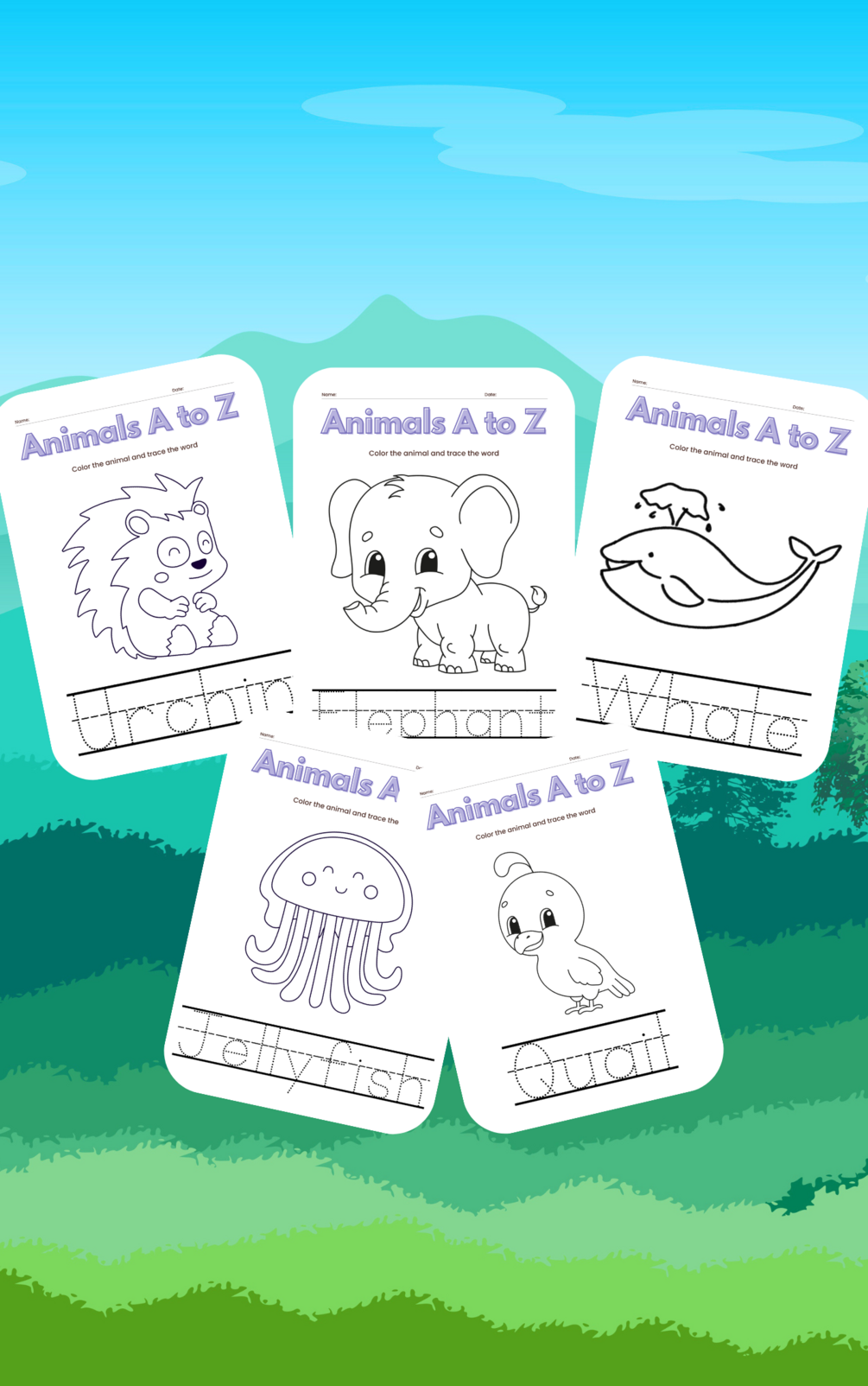 Animals Alphabet A to Z Coloring and Tracing Worksheet Set