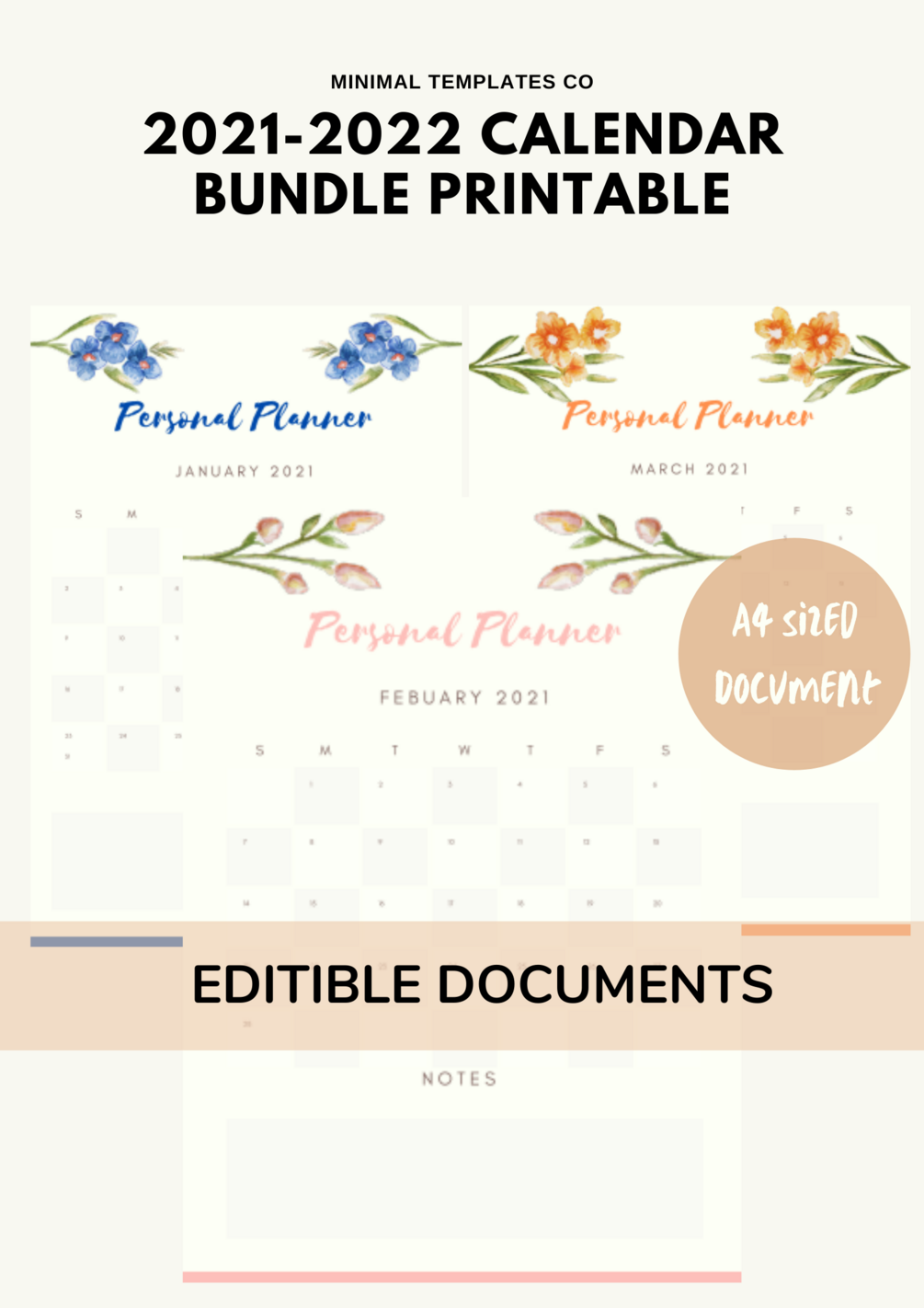 Monthly planner for 2021, Watercolor flowers calendar