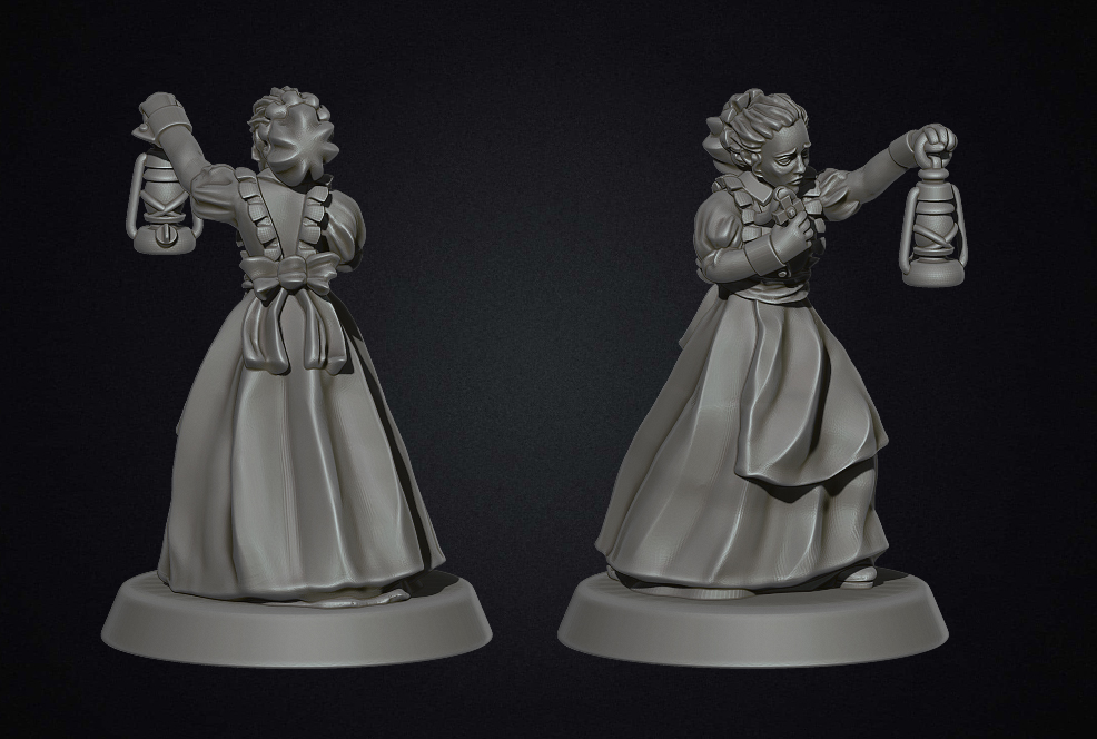 Terrified maid with lantern. Miniature figure