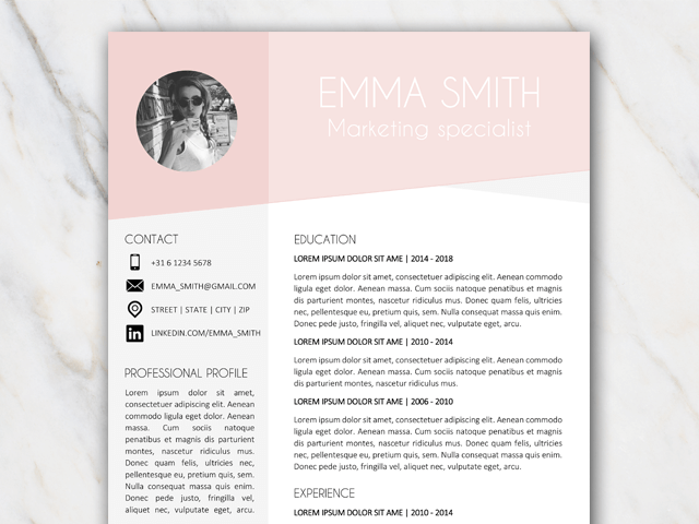 ‘Emma Smith’ Resume Template Pink and Grey