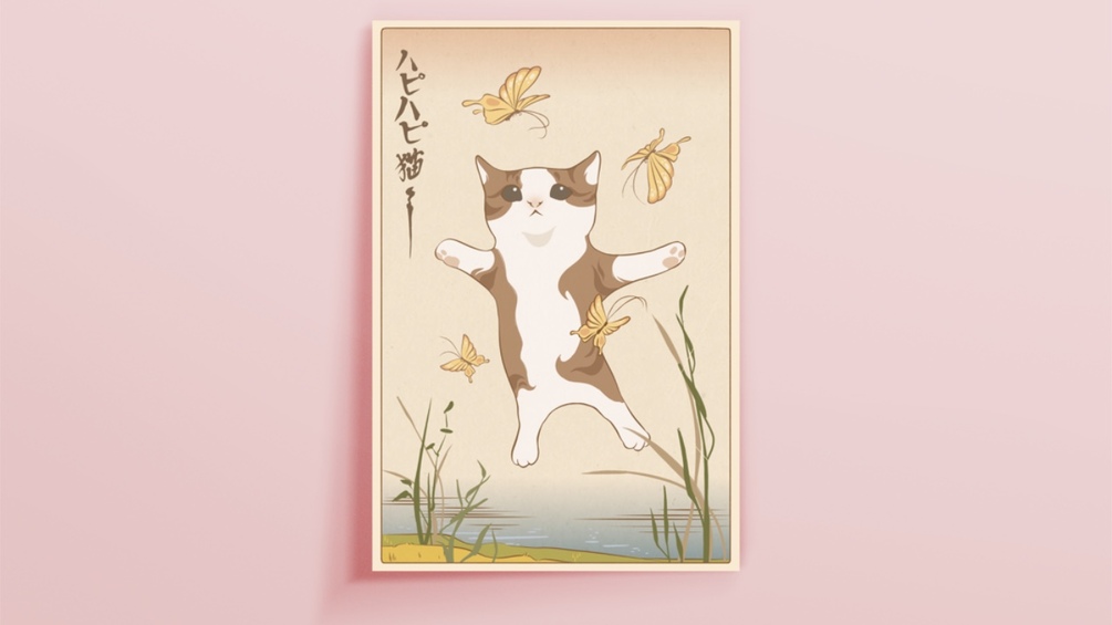 Ukiyo-e Hapi Hapi Hapi Cat Meme Printable Wall Art