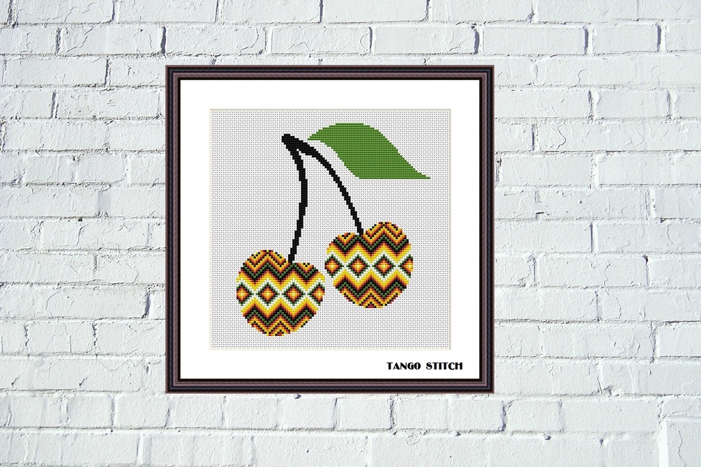 Orange aztec ornament cherry cross stitch simple embroidery