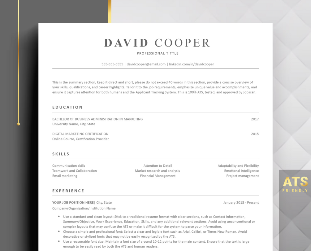 ATS Friendly Resume Template For Word & Apple Pages | ATS Resume with 3 ...