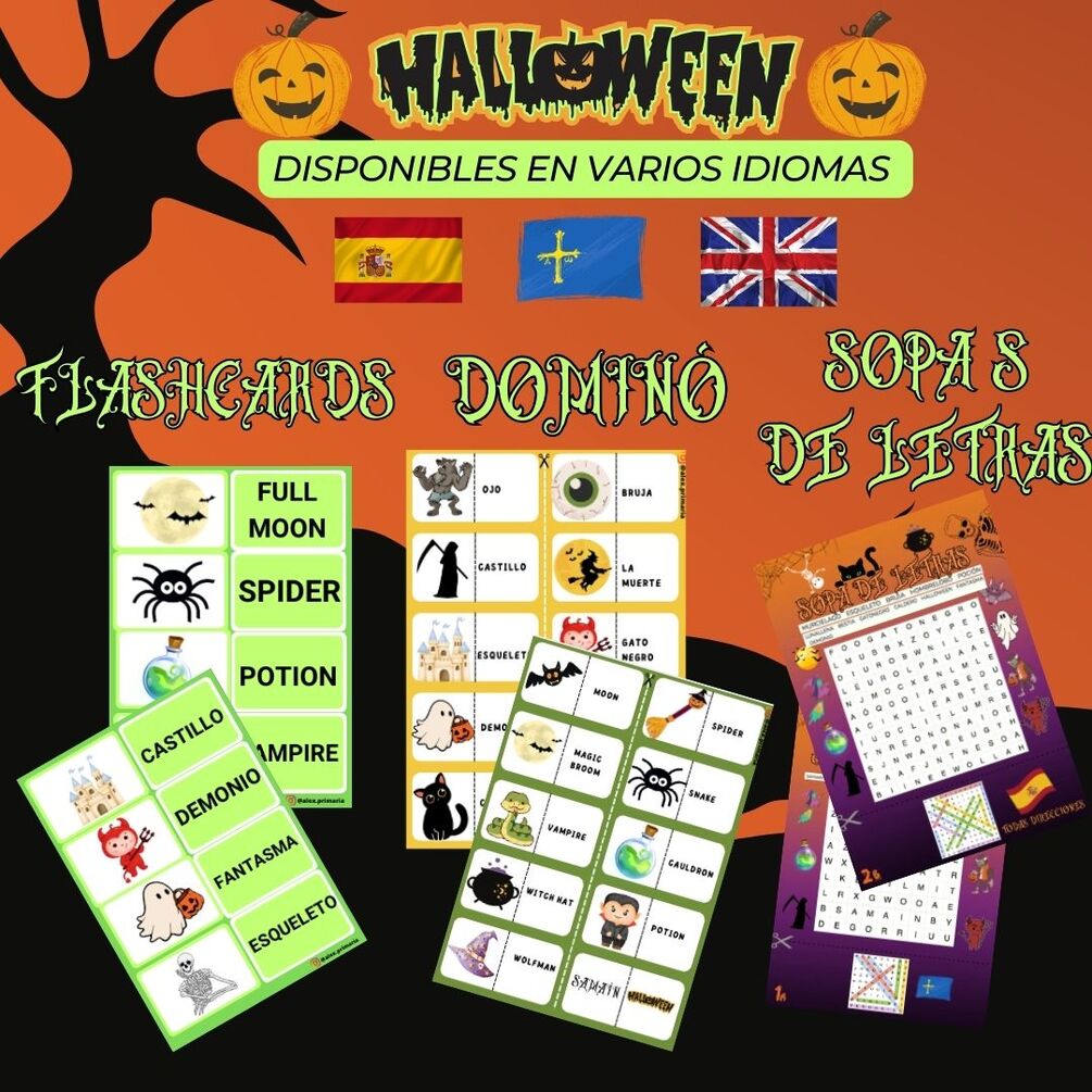 PACK HALLOWEEN FLASHCARDS-DOMINÓ-SOPAS DE LETRAS
