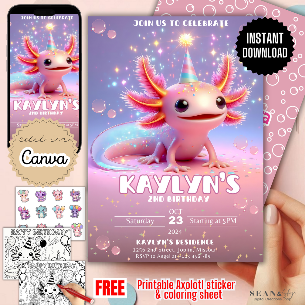 Axolotl Birthday Invitation Editable in Canva