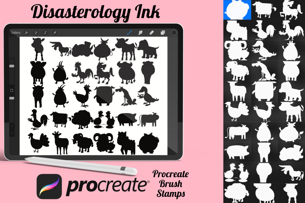 Farm Animals Silhouettes Set 1 Procreate Brush Stamps, 30 Farm Animals