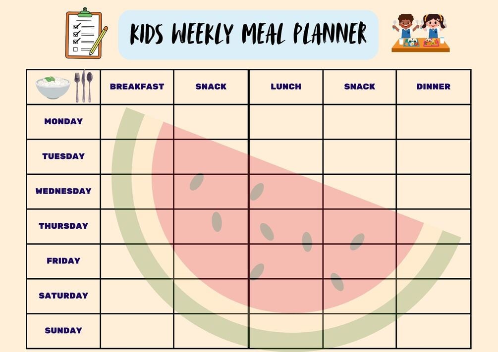 Kids Weekly Meal Planner Template | Printable Chart for Healthy Eating ...