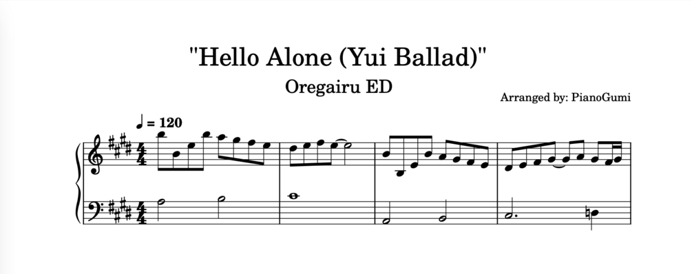 Oregairu ED - "Hello Alone -Yui Ballade-" - EASY Piano Sheet Music