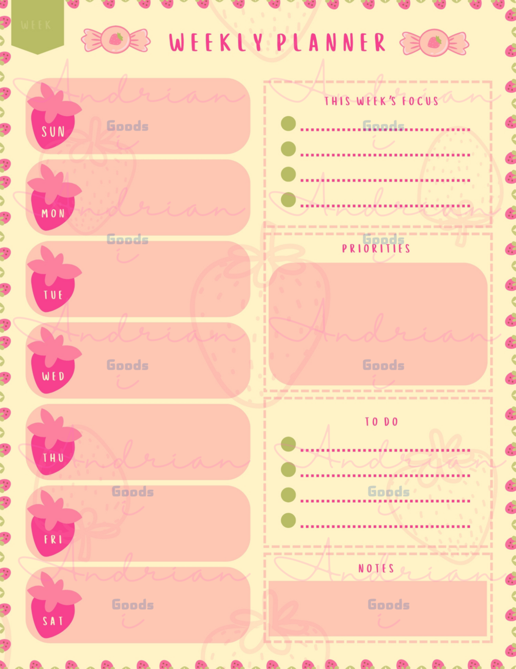 Daily, Weekly, and Monthly Planner Digital Strawberries Theme