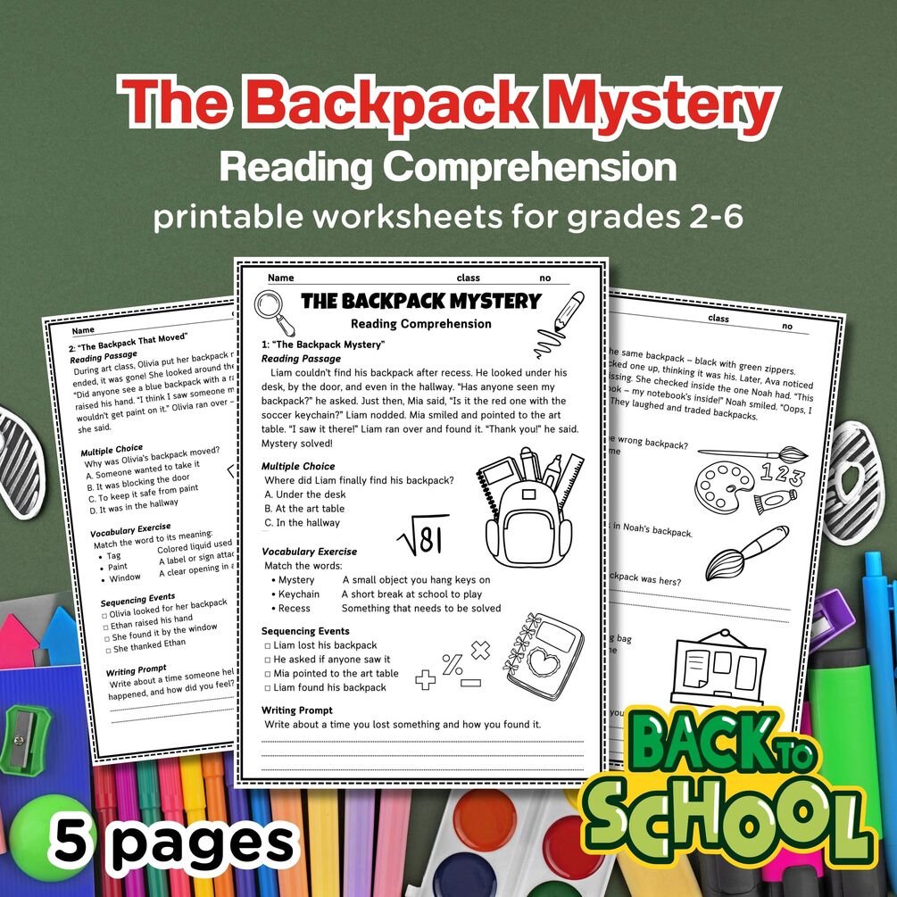 The Backpack Mystery Reading Comprehension Worksheets for Grades 2–6 ...