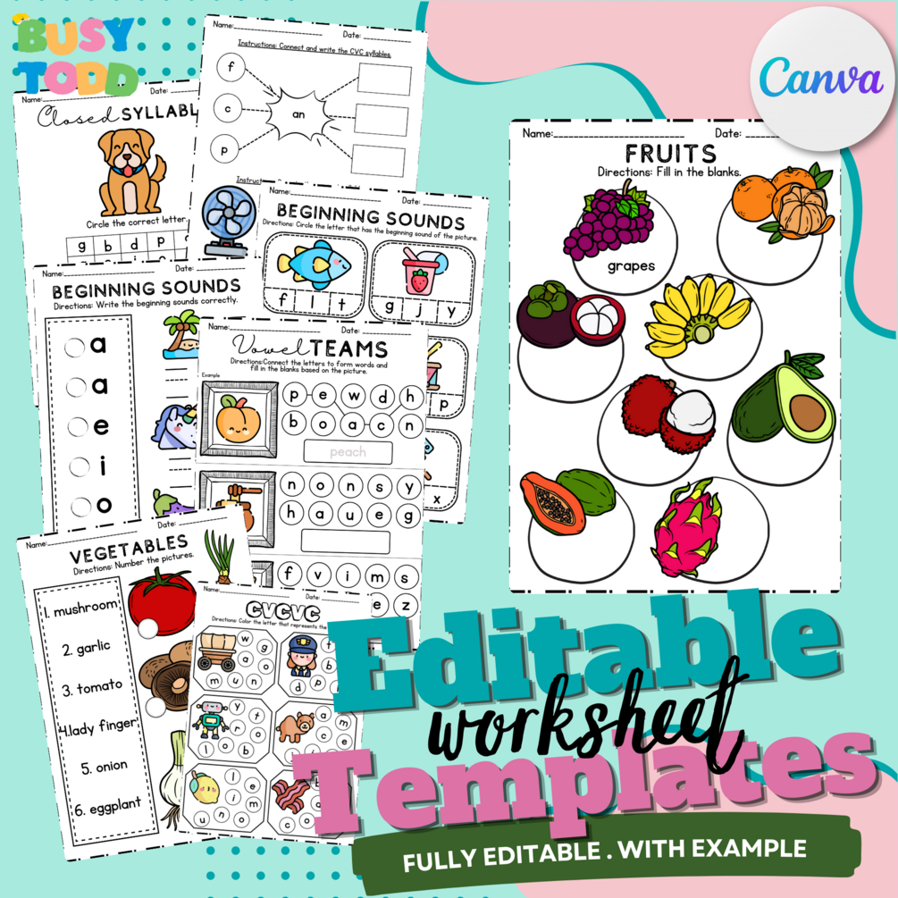 Editable Worksheet Canva Templates - Teacher Editable Template Bundle ...