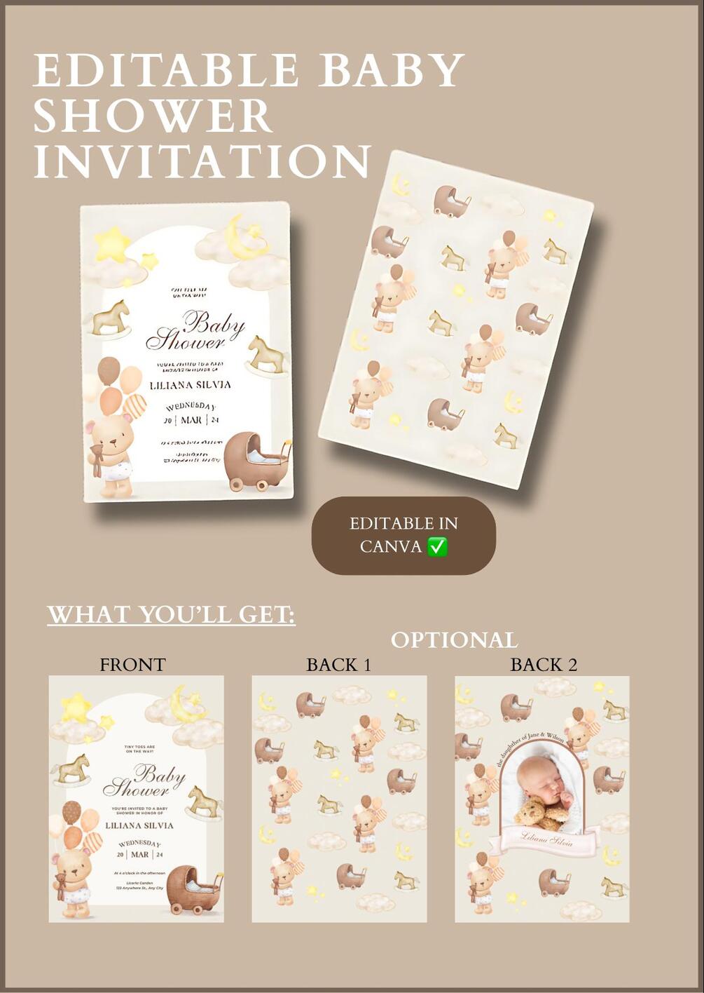 Editable Baby Shower Invitation Template / Neutral Beige Teddy Bear 1 ...