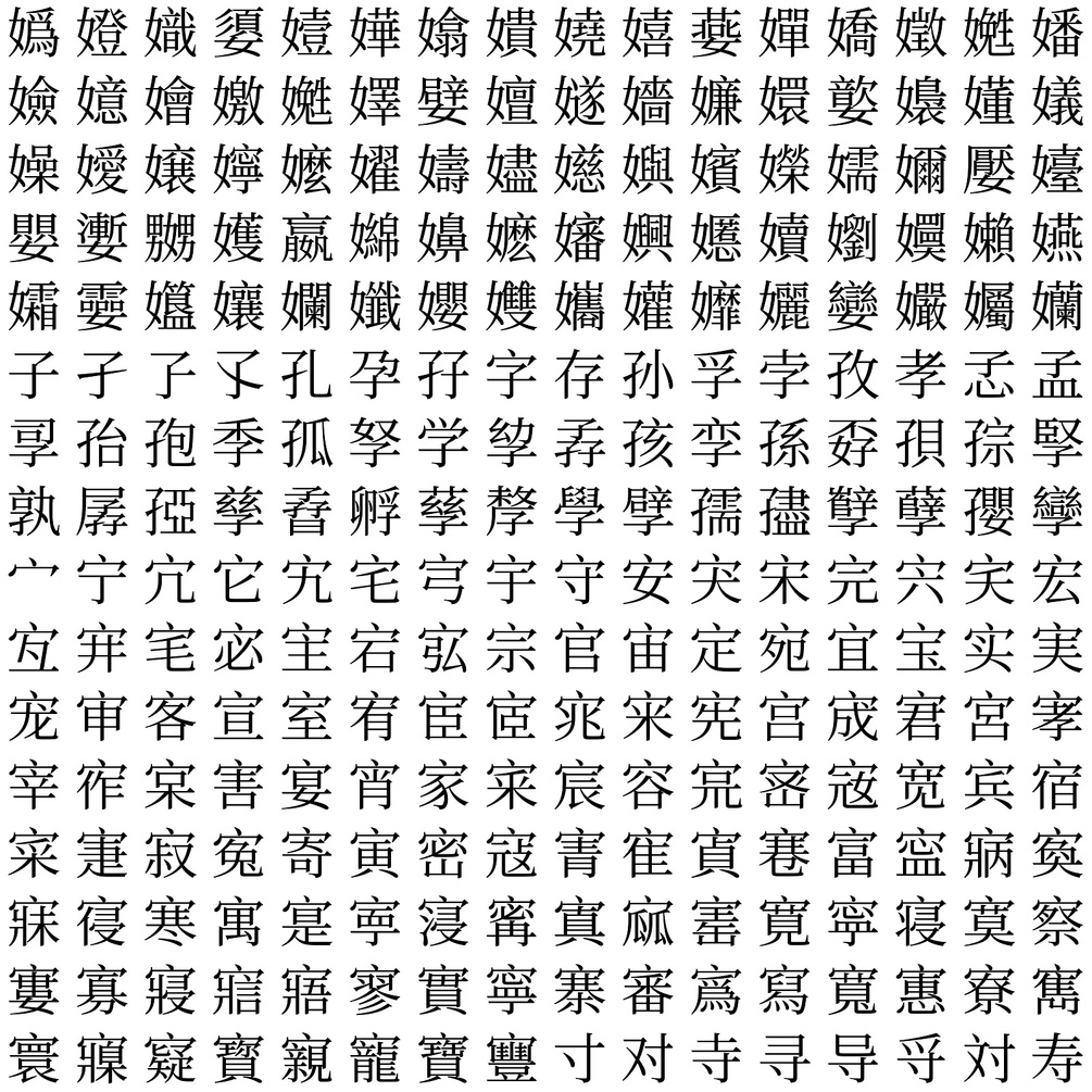 Unicode CJK 5b00-5bff, 256 letters, SVG file for 2d and 3d